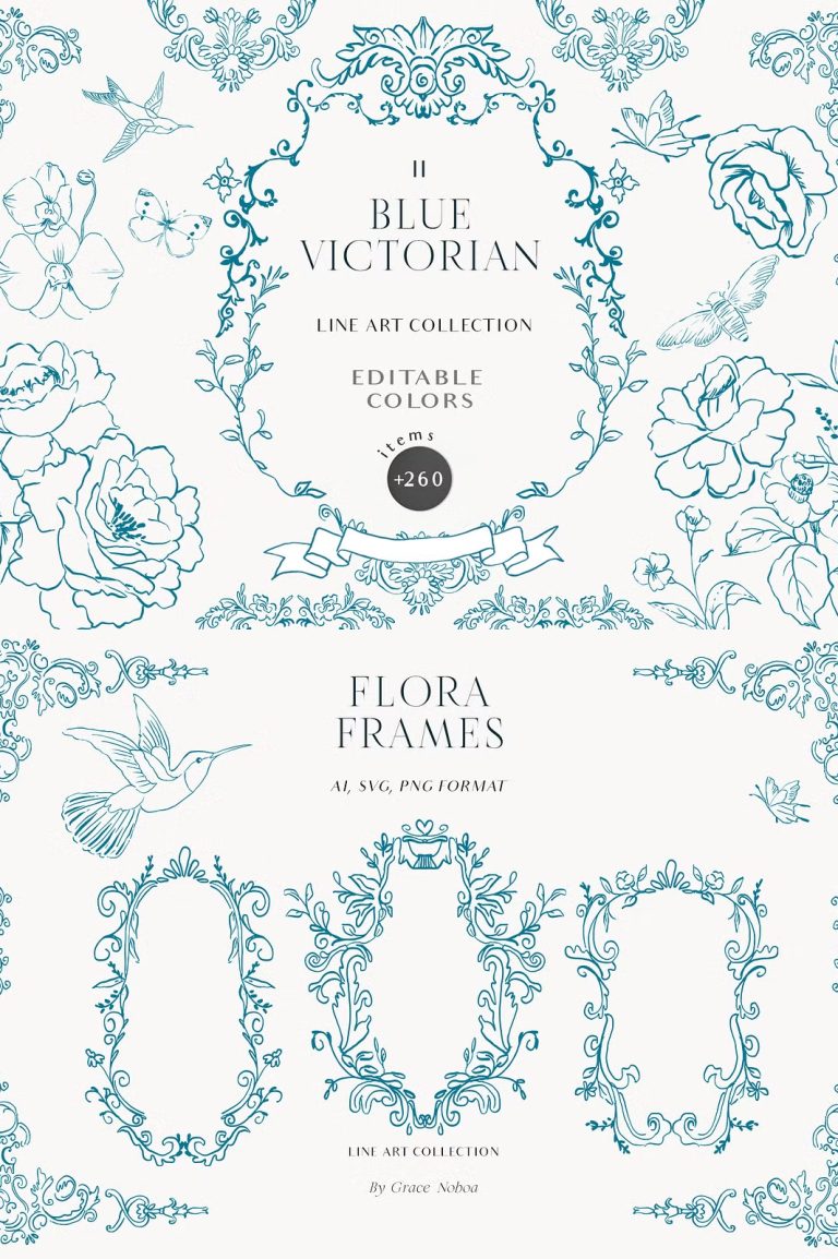 Blue Victorian ll Line Art Set - Hecavi - Illustrations Inspiration Website