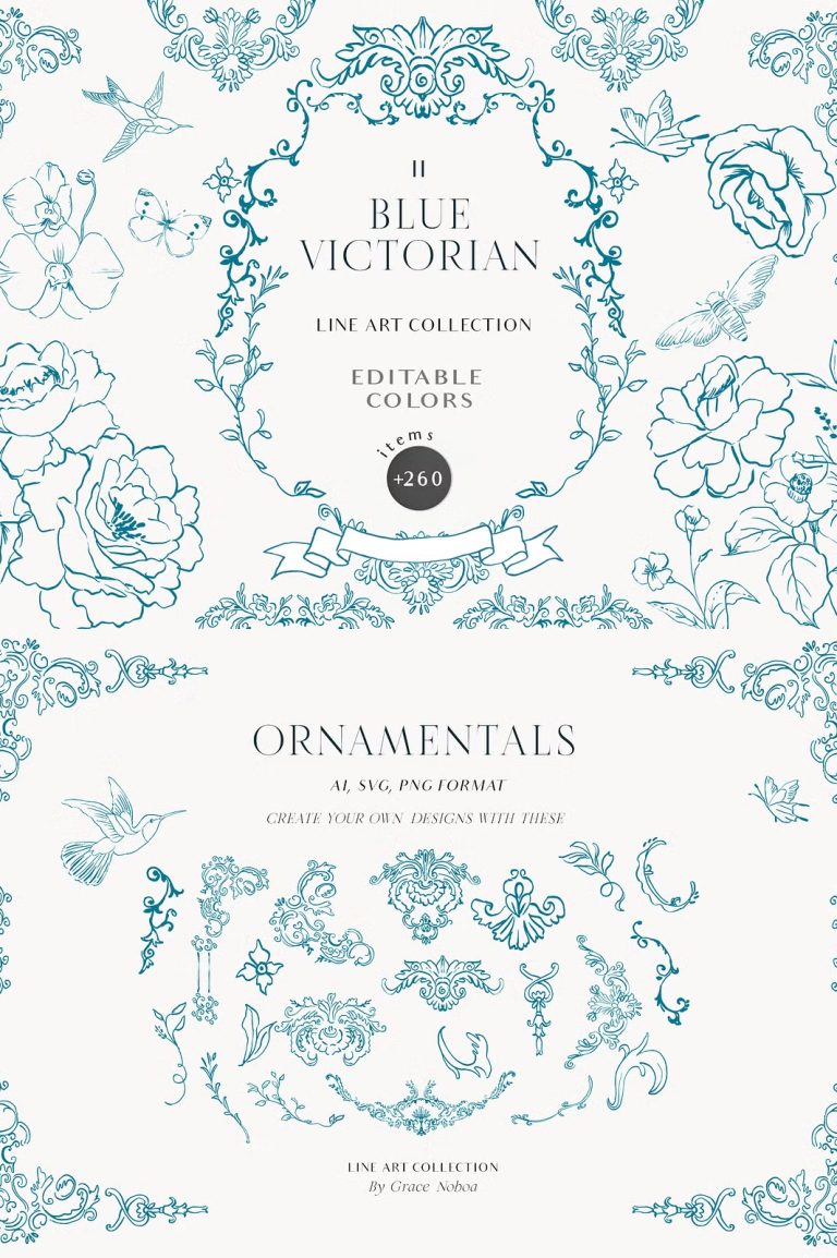 Blue Victorian ll Line Art Set - Hecavi - Illustrations Inspiration Website