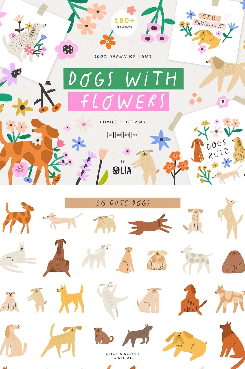 Dogs With Flowers | 100% Hand Drawn - Hecavi - Illustrations ...